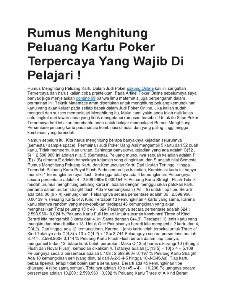 Rumus Menghitung Peluang Kartu Poker Terpercaya Yang Wajib Di Pelajari ...