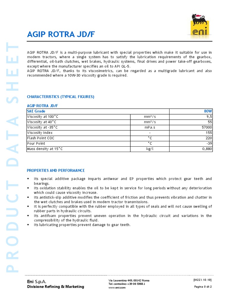 Agip Rotra JD-F Sae 80W PDF | PDF | Transmission (Mechanics) | Lubricant