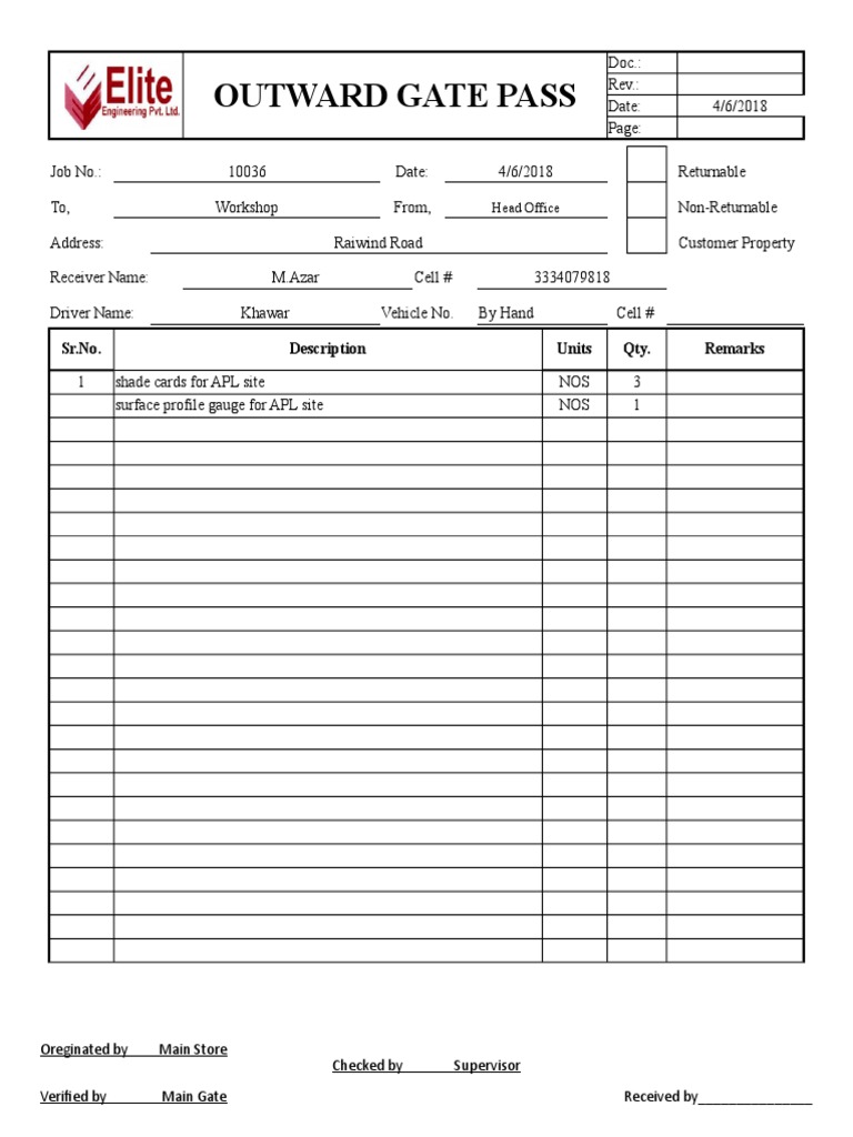 Outward Gate Pass: SR - No. Description Units Qty. Remarks | PDF