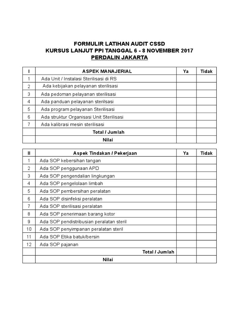 Formulir Latihan Audit CSSD | PDF