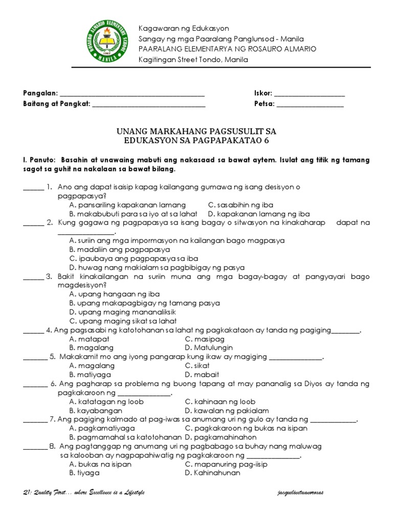 Esp 6 Unang Markahang Pagsusulit | PDF