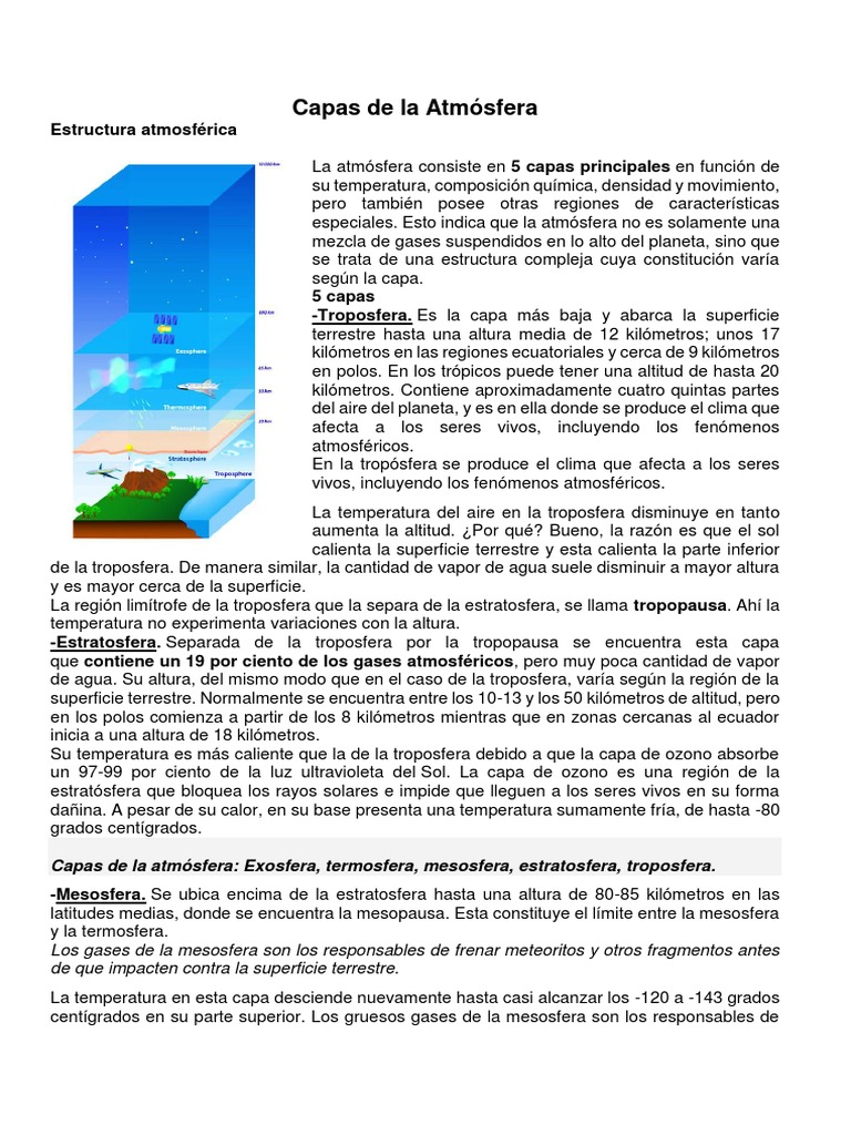 Capas de la Atmósfera: Troposfera, Estratosfera, Mesosfera, Termosfera, Exosfera | PDF ...