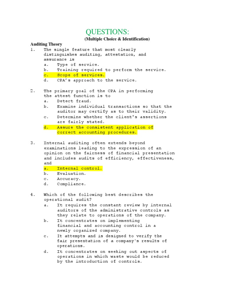 Questions:: (Multiple Choice & Identification) Auditing Theory | PDF | Financial Audit ...