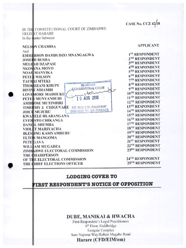 Mnangagwa Opposing Papers Election ConCourt Challenge | PDF