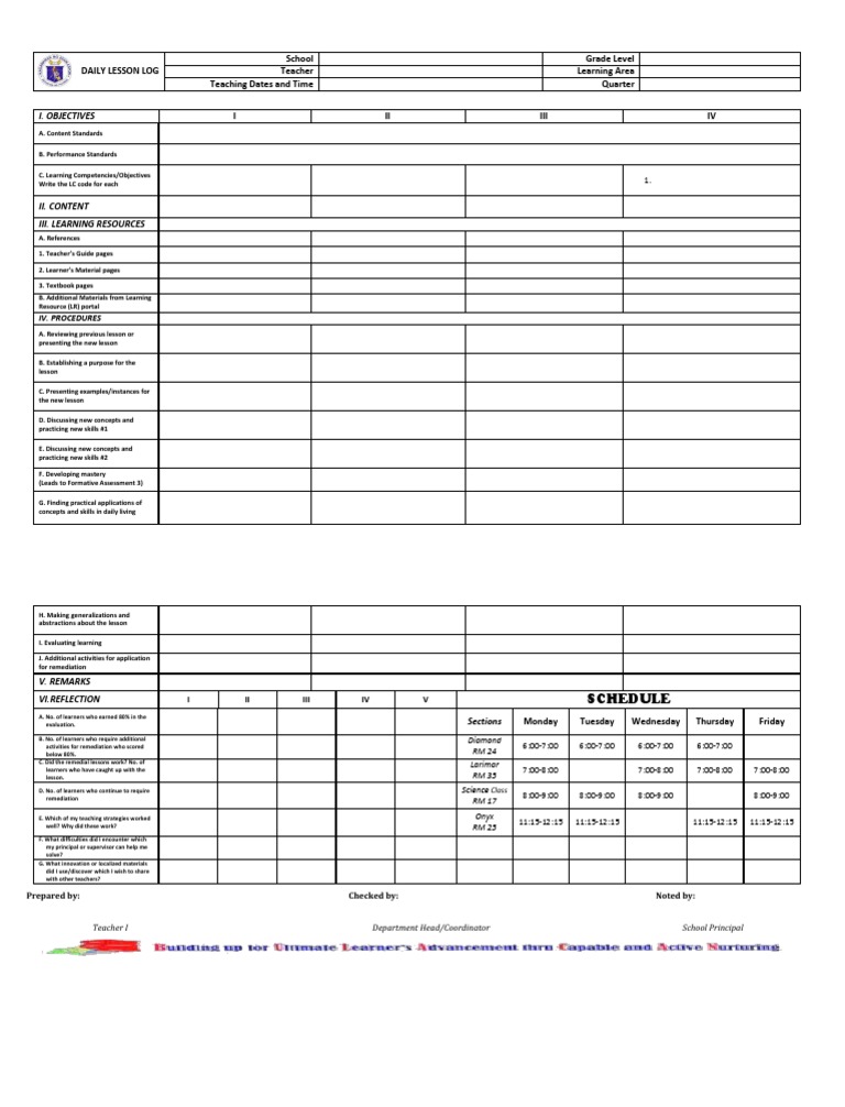 Daily Lesson Log Blank Template | PDF | Teachers | Psychotherapy
