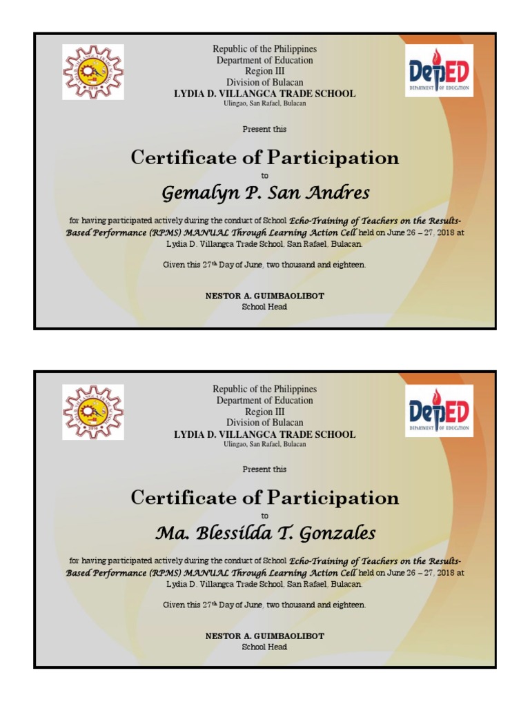 RPMS Certificate 2018-2019 | PDF