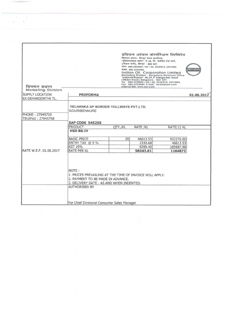 Proforma Invoice Diesel-RCCL | PDF