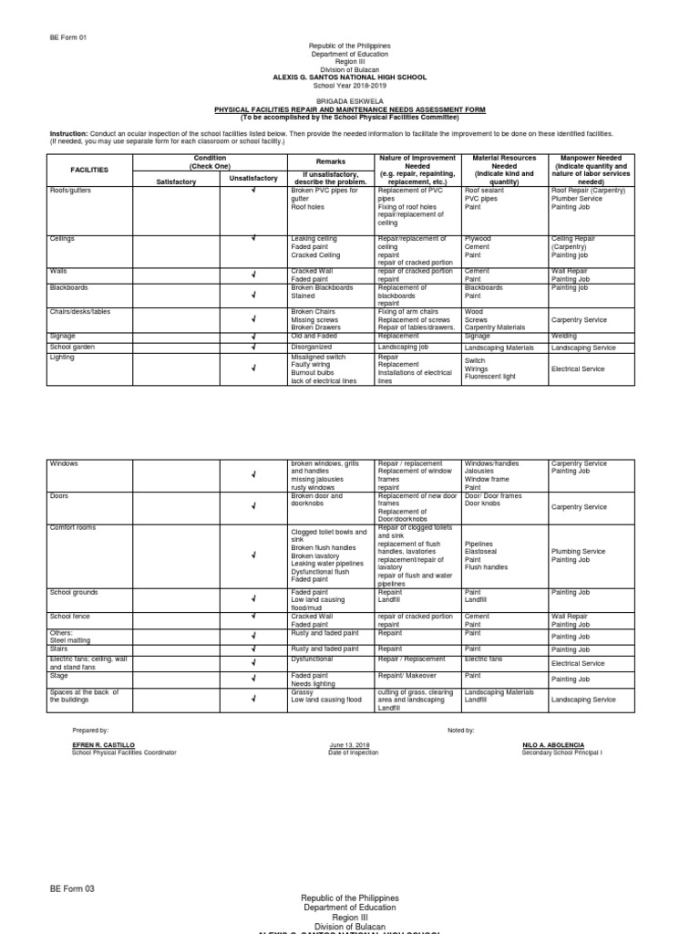 Brigada Eskwela Forms 1 and 3 | Toilet | Carpentry