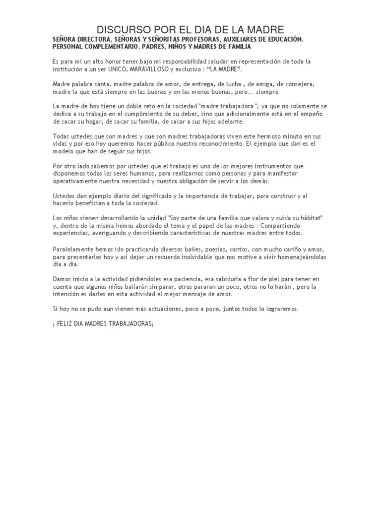 Discurso Por El Dia de La Madre | Descargar gratis PDF | Familia | Amor