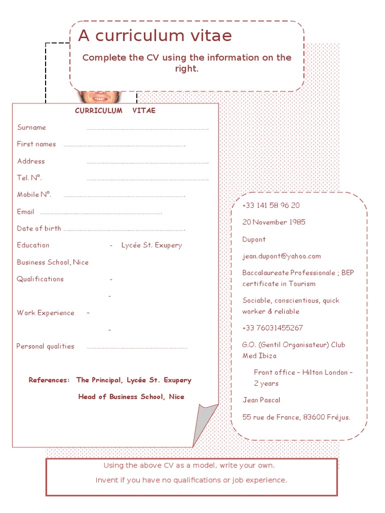 CV Worksheet for Personal Activities | PDF | Career & Growth