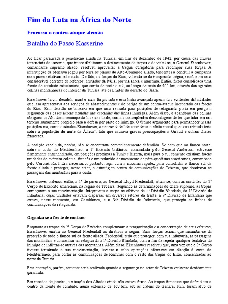 Segunda Guerra Mundial (Batalha Do Passo Kasserine) | PDF | Erwin Rommel | Dwight D. Eisenhower