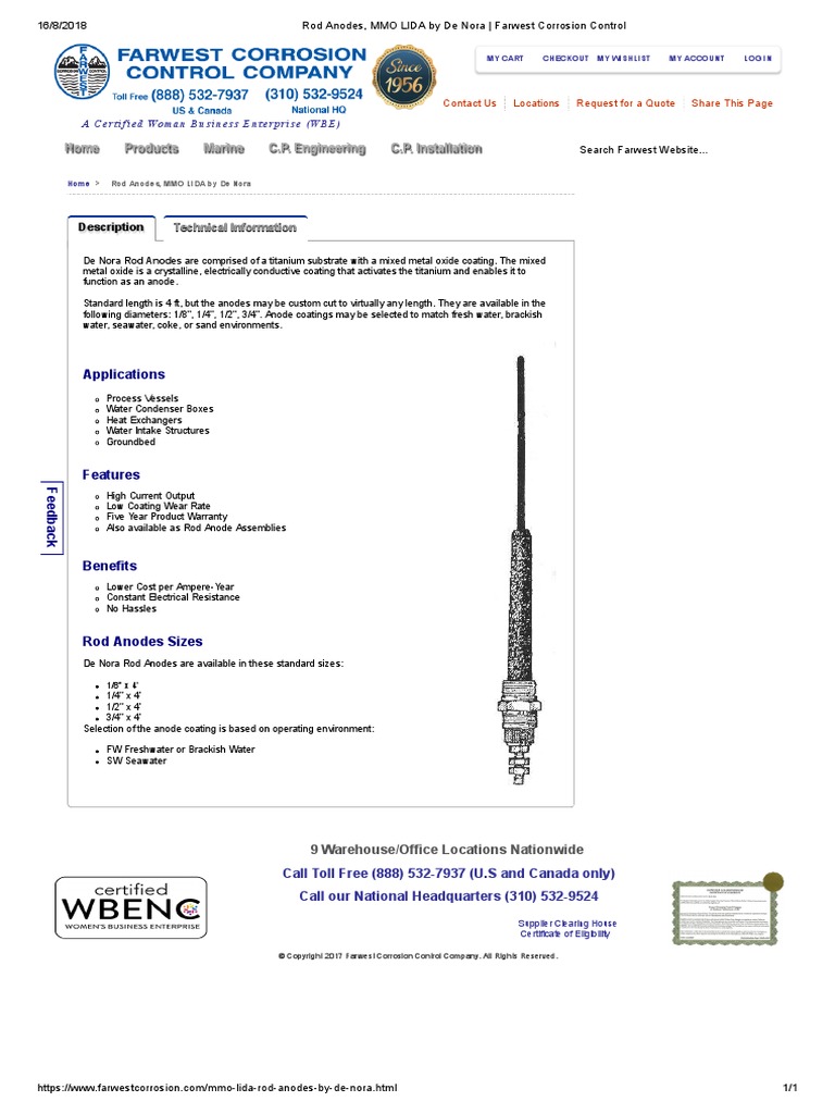 Rod Anodes, MMO LIDA by de Nora - Description | PDF | Titanium | Corrosion