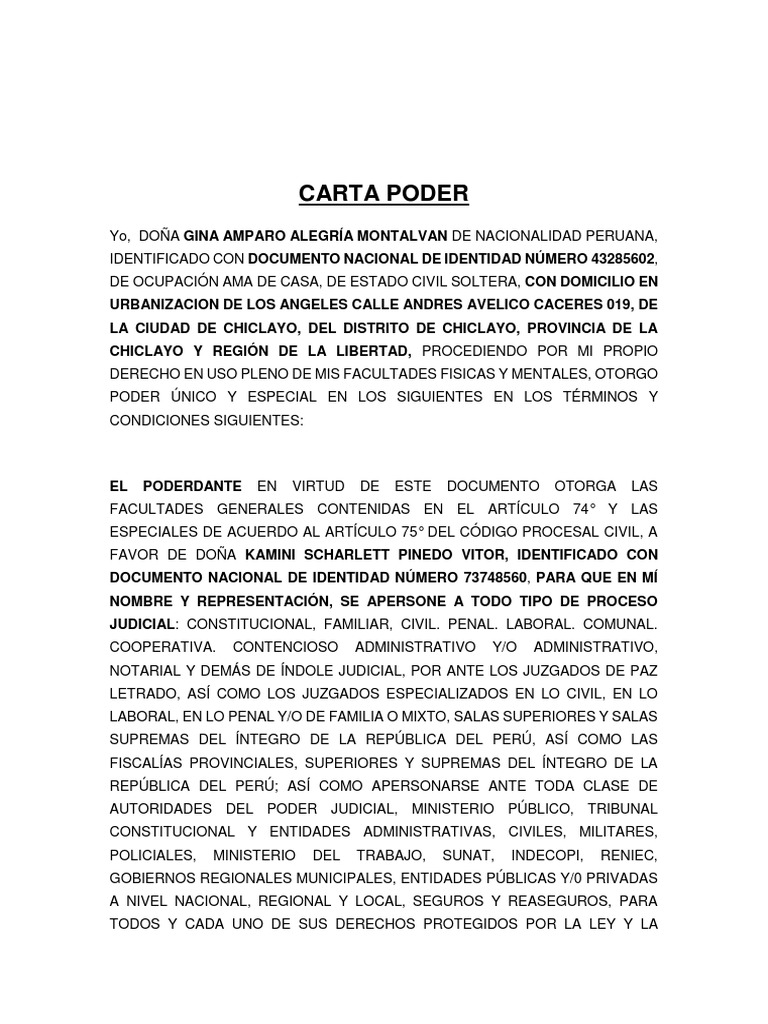 Carta Poder Gina | PDF | Perú | Instituciones sociales