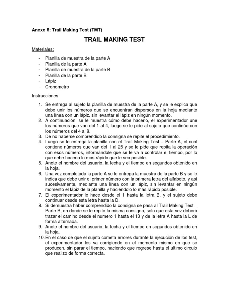 Instrucciones para el Trail Making Test | PDF | Ocio