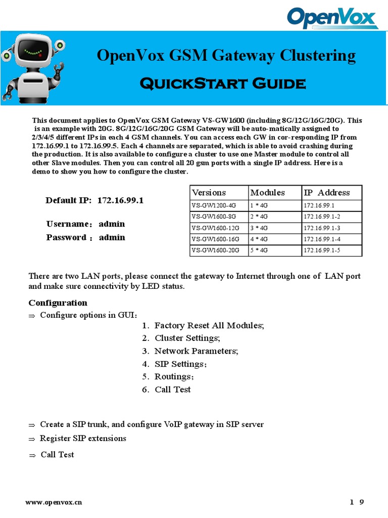 Quickstart Guide of OpenVox GSM Gateway vs-GW1600 Series With Clustering | Download Free PDF ...