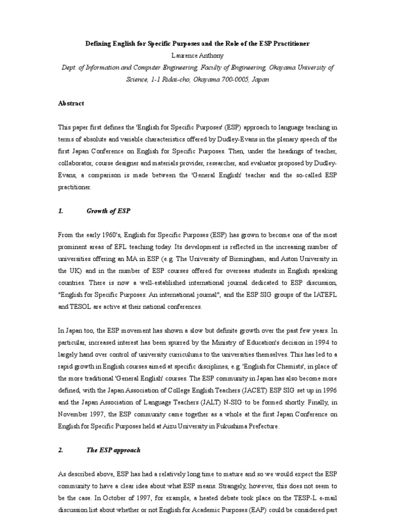 Esp Defining English for Specific Purpose and the Role of Esp ...