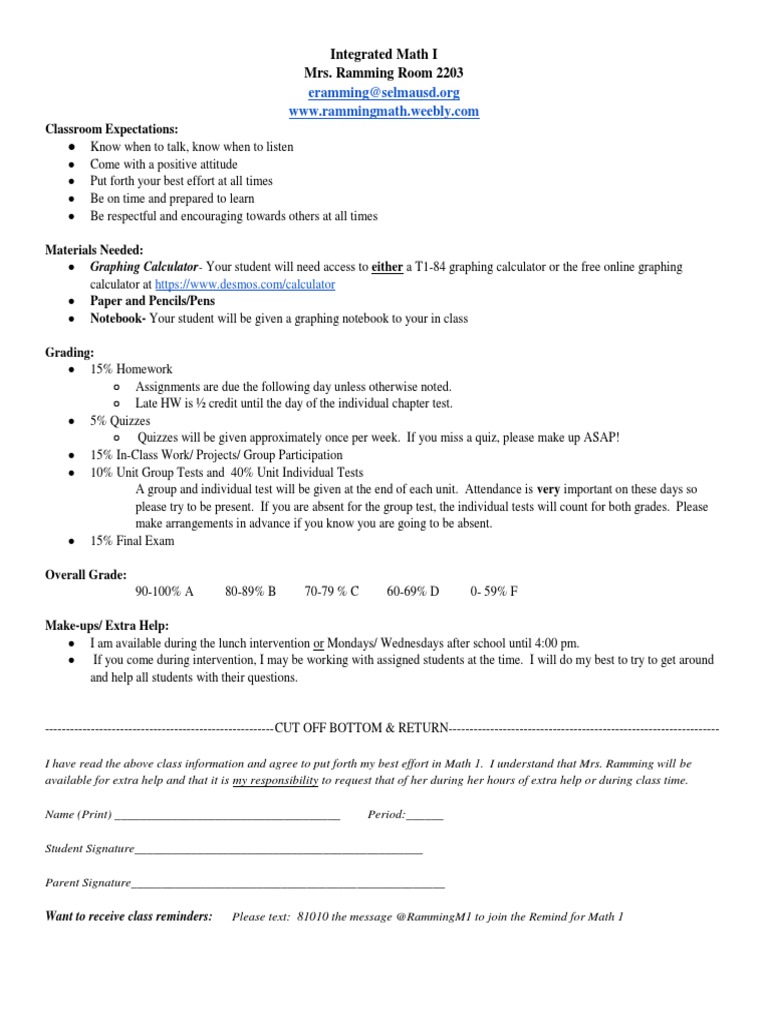 2018-2019 Im1 Syllabus | PDF | Homework | Test (Assessment)