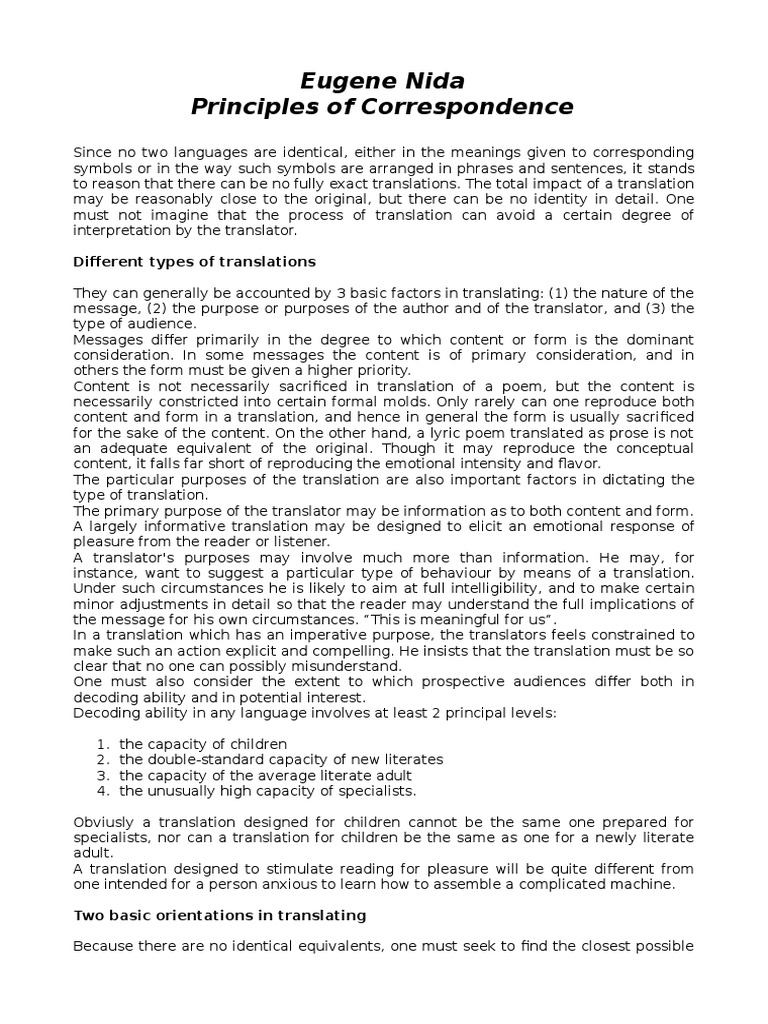 Eugene Nida Principles of Correspondence: Different types of ...