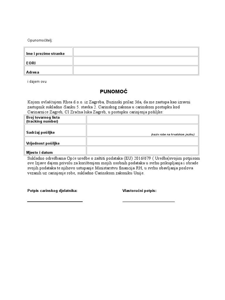 Carinska Punomoć Za Fizičke Osobe Izjava o Privatnosti. | PDF