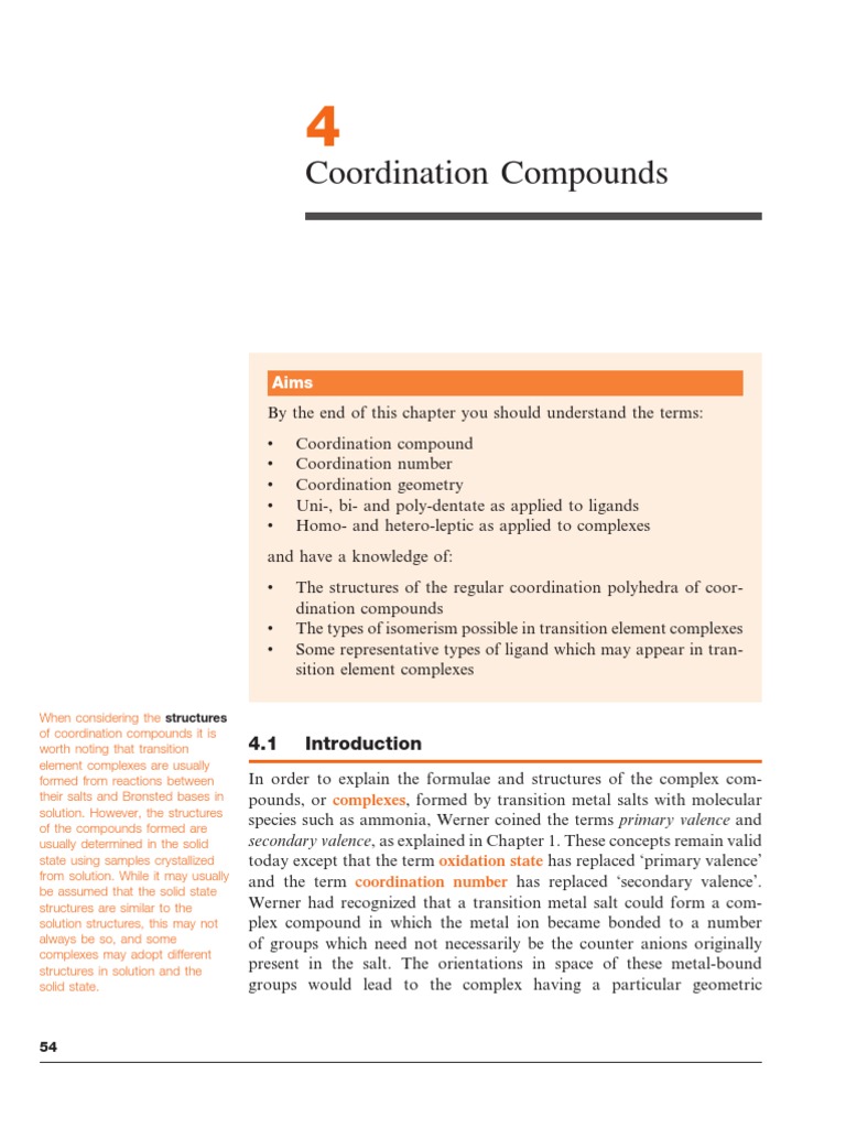Coordination Compounds: Secondary Valence, As Explained in Chapter 1 ...