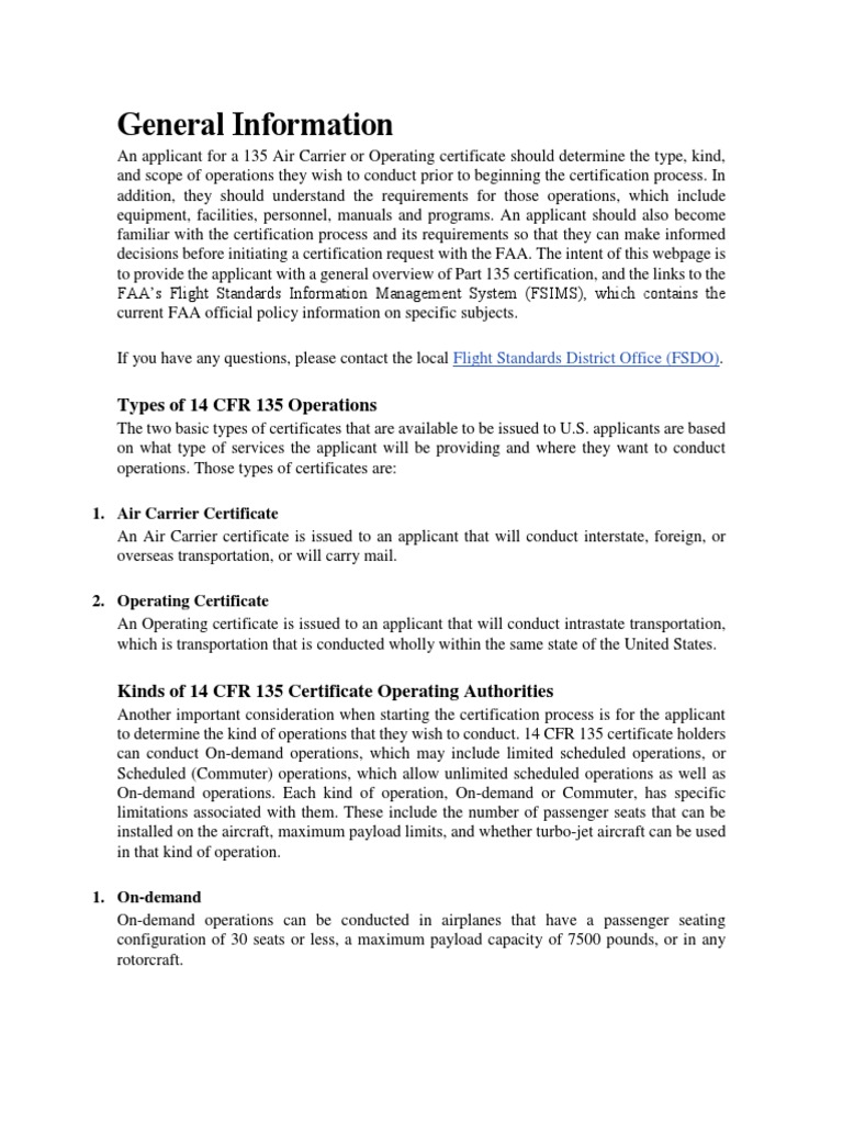 General Information: Types of 14 CFR 135 Operations | PDF | Industries ...