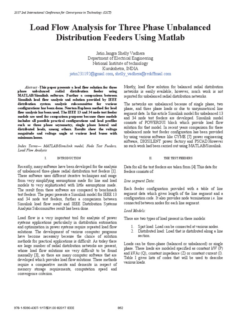 Load Flow Analysis For Three Phase Unbalanced Distribution Feeders Using Matlab | PDF | Electric ...