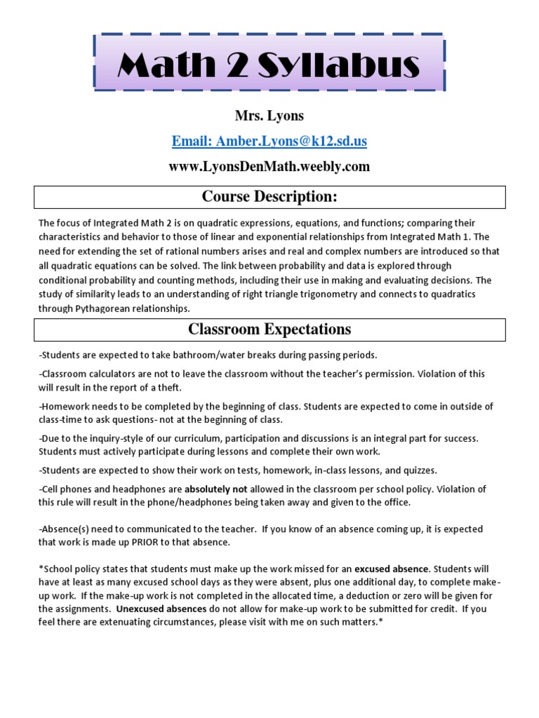 Math 2 Syllabus 18-19 | PDF | Homework | Test (Assessment)