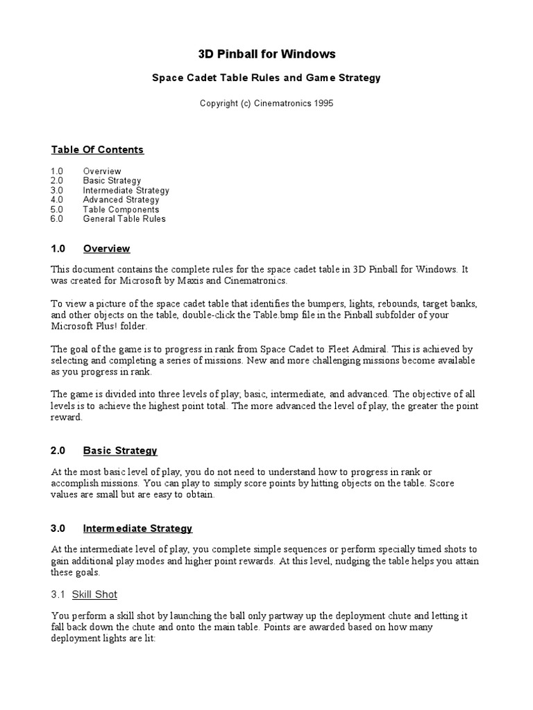 3D Pinball For Windows Space Cadet Table Rules and Game Strategy | PDF ...