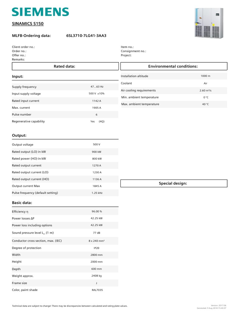 Sinamics S150: 6SL3710-7LG41-3AA3 MLFB-Ordering Data | PDF | Electronic ...