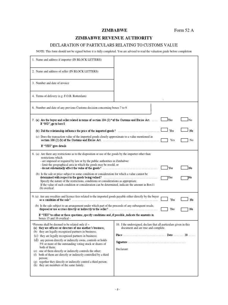 Zimbabwe Form 52 A Zimbabwe Revenue Authority | PDF | Exchange Rate ...