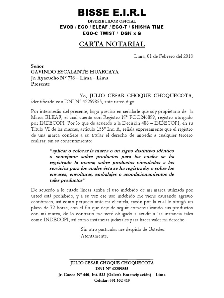 Carta Notarial Fernando Gallardo Pago de Deuda - Julio Cesar Choque ...