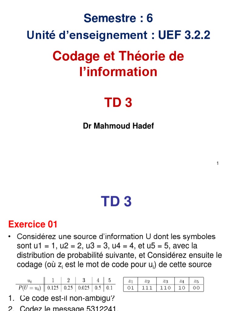 Exercices sur le codage et l'information | PDF