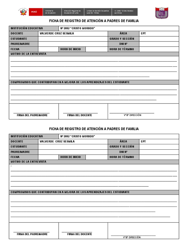 Ficha De Registro De Atencion De Padres Docx Lima Evaluación