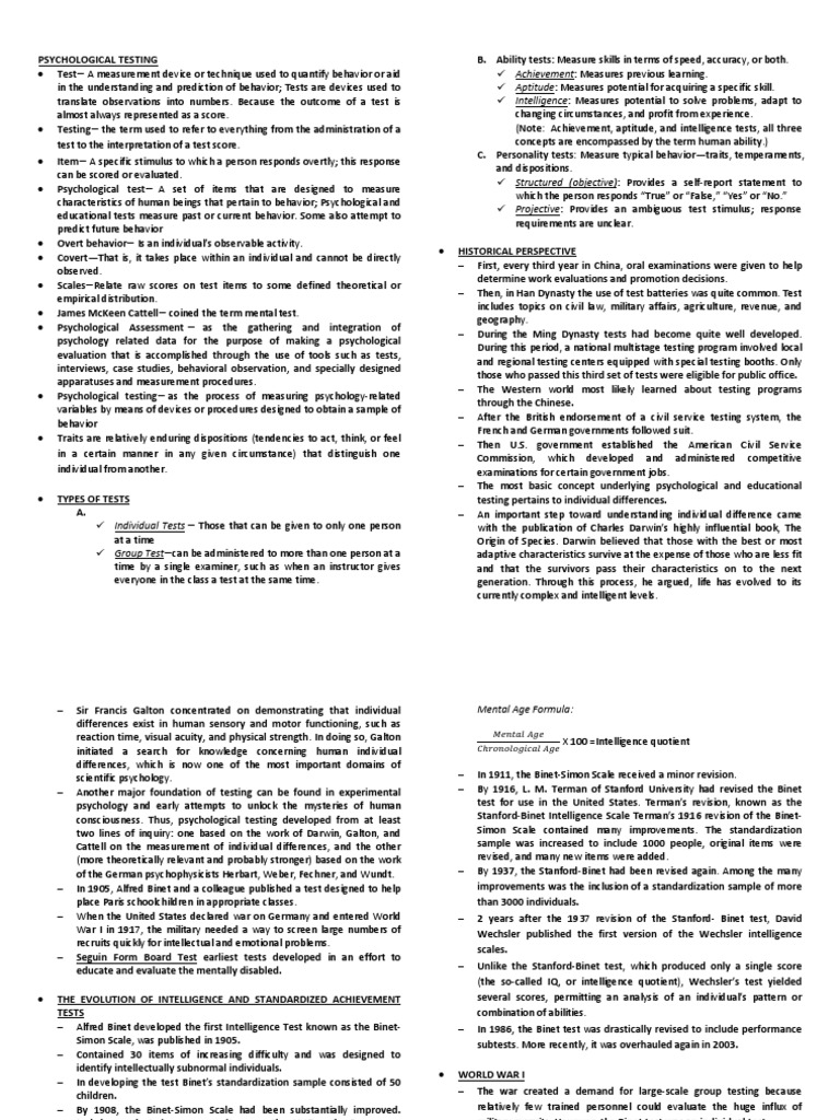 Psych Testing Notes | PDF | Intelligence Quotient | Evaluation Methods