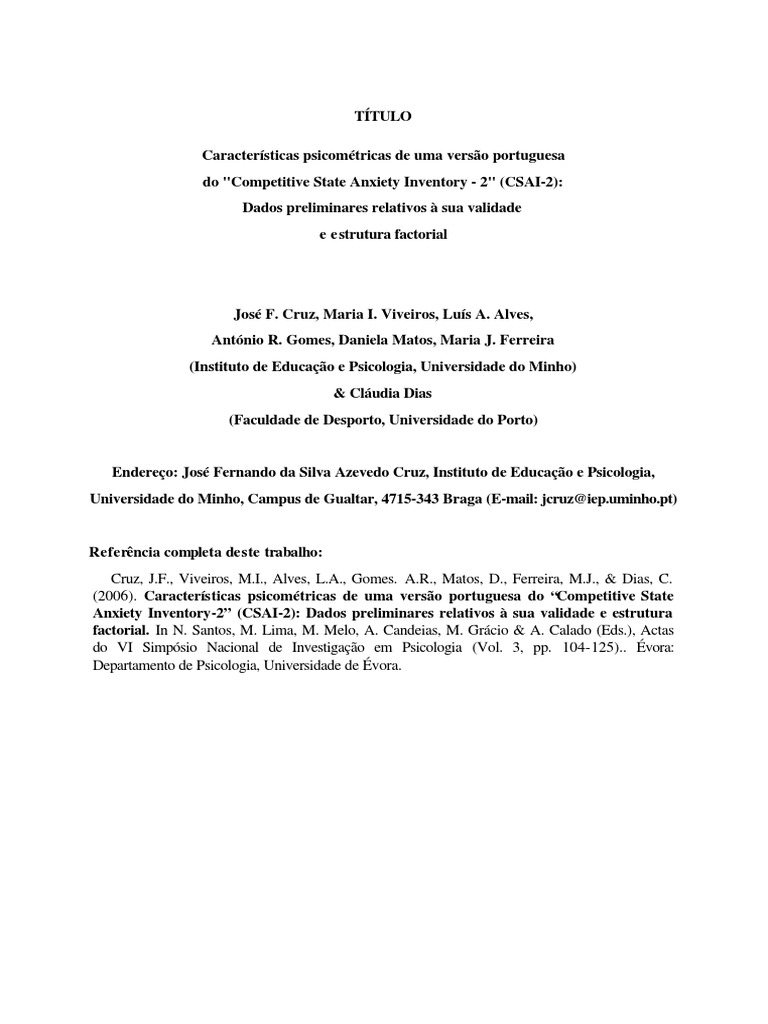 Competitive State Anxiety Inventory 2 Csai 2 CDD | PDF | Correlação e ...