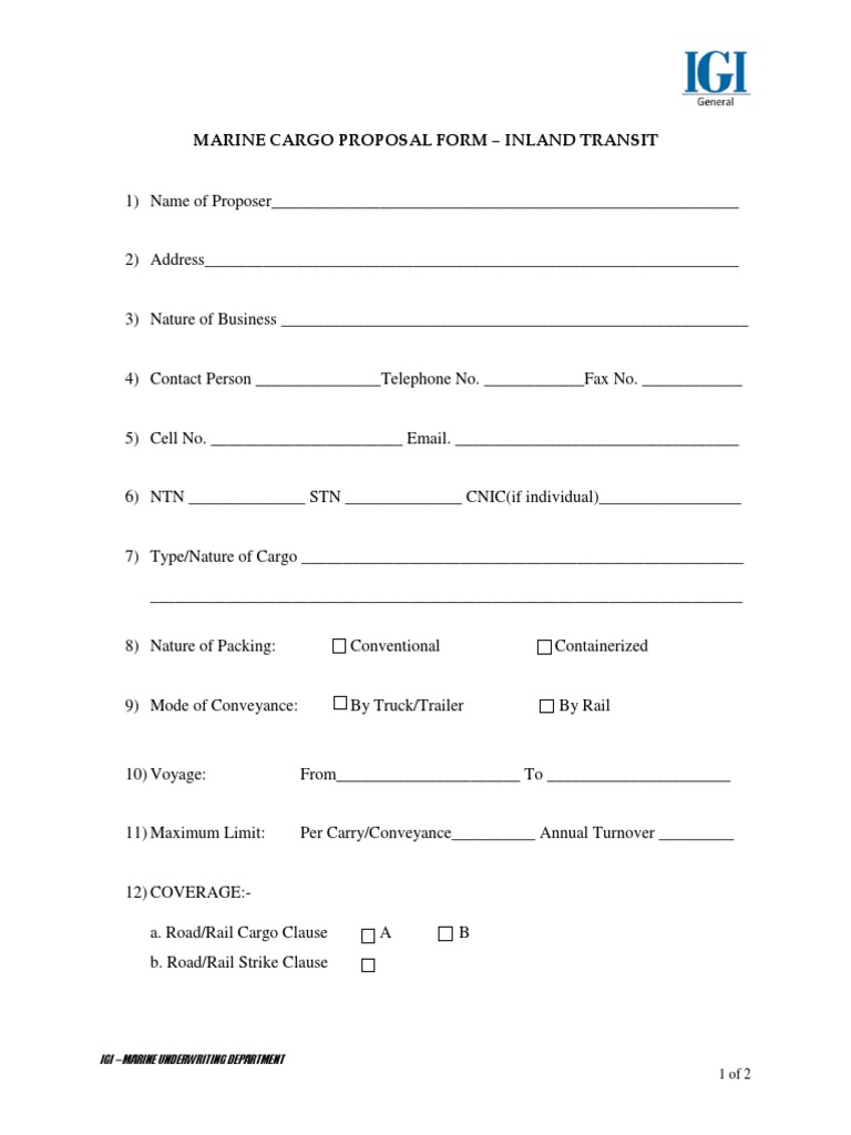 Marine Cargo Proposal Form - Inland Transit: Igi - Marine Underwriting ...