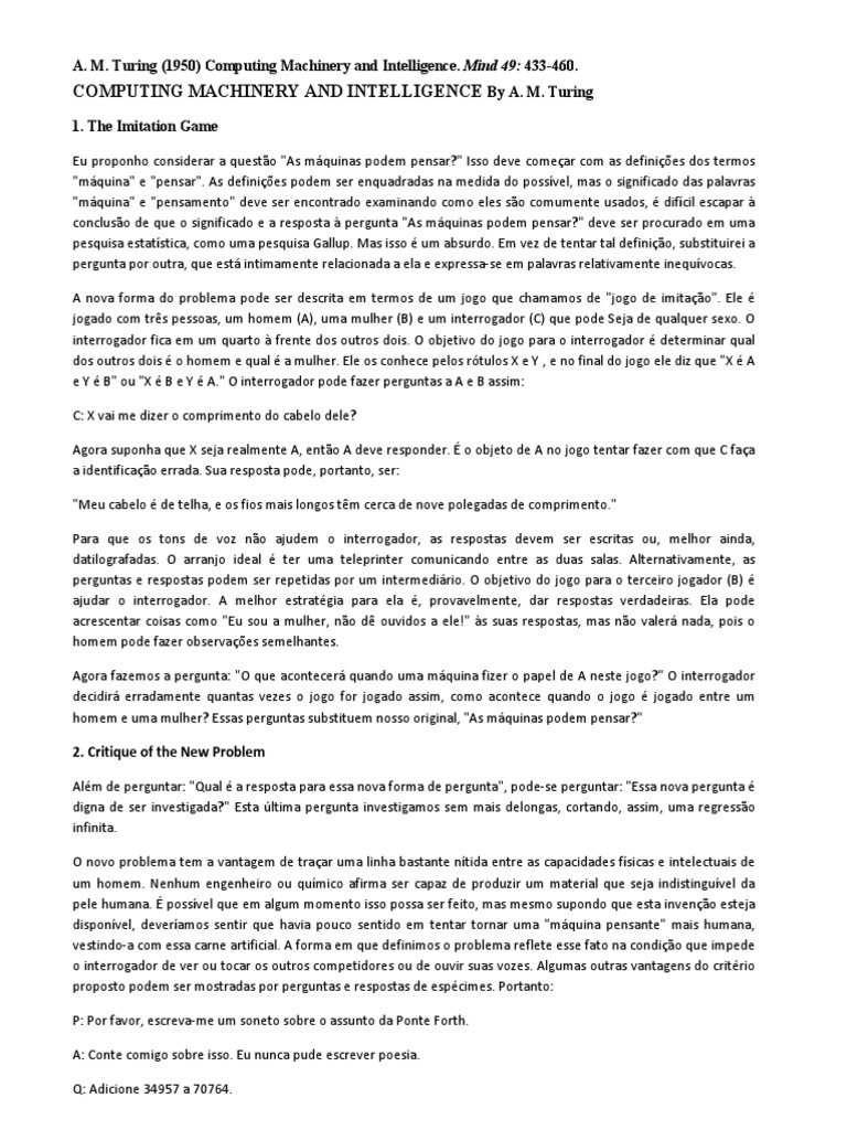 Computing Machinery and Intelligence em Portugues | PDF | Argumento ...