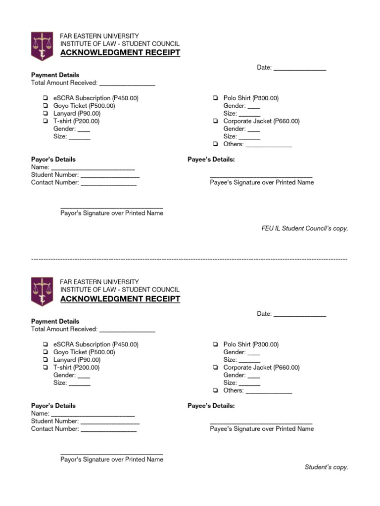 Receipt for Student Payments to the Far Eastern University Institute of ...
