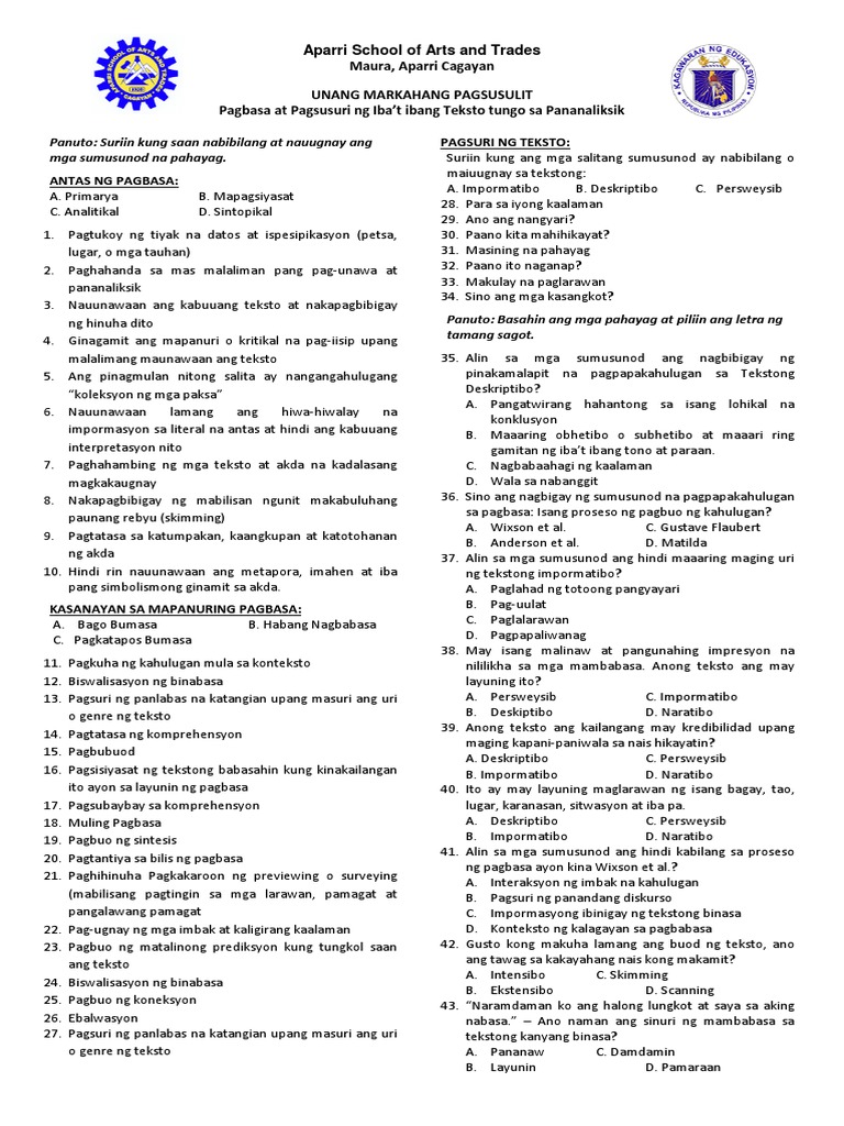 Pagbasa at Pagsusuri Exam 1 | PDF