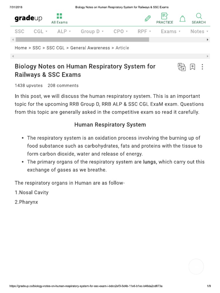 Biology Notes On Human Respiratory System For SSC Exam | PDF