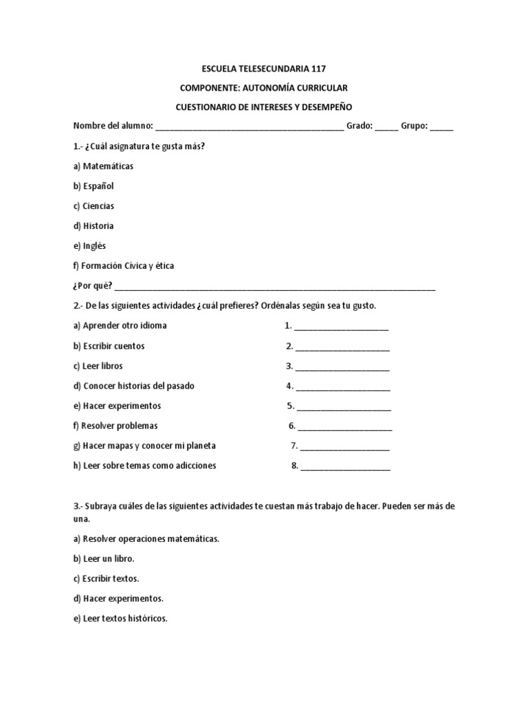 Cuestionario de Intereses | Ciencia | Cognición
