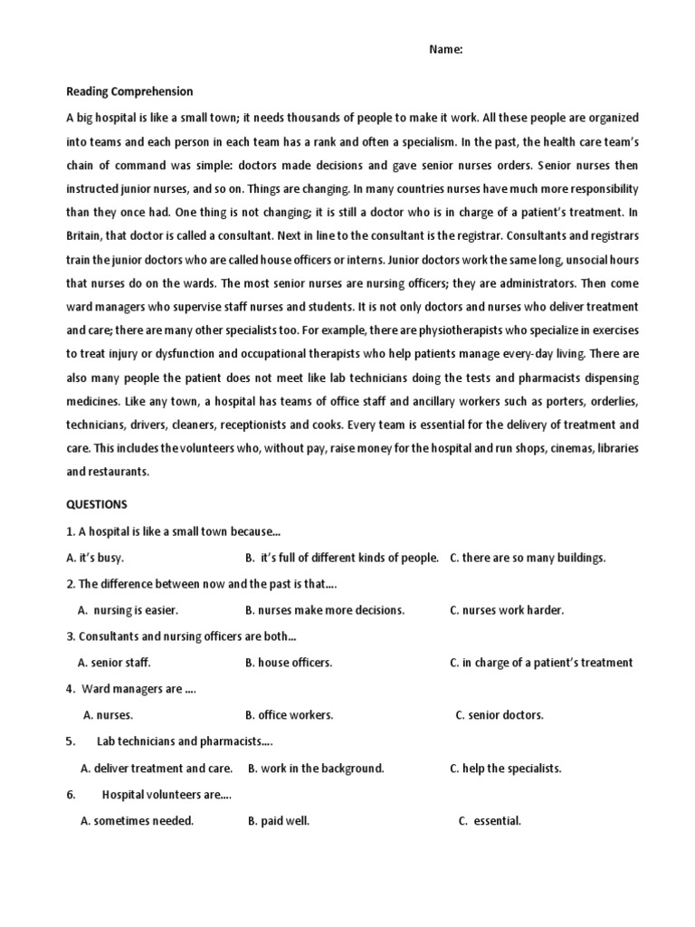 Reading Comprehension | PDF | Nursing | Hospital