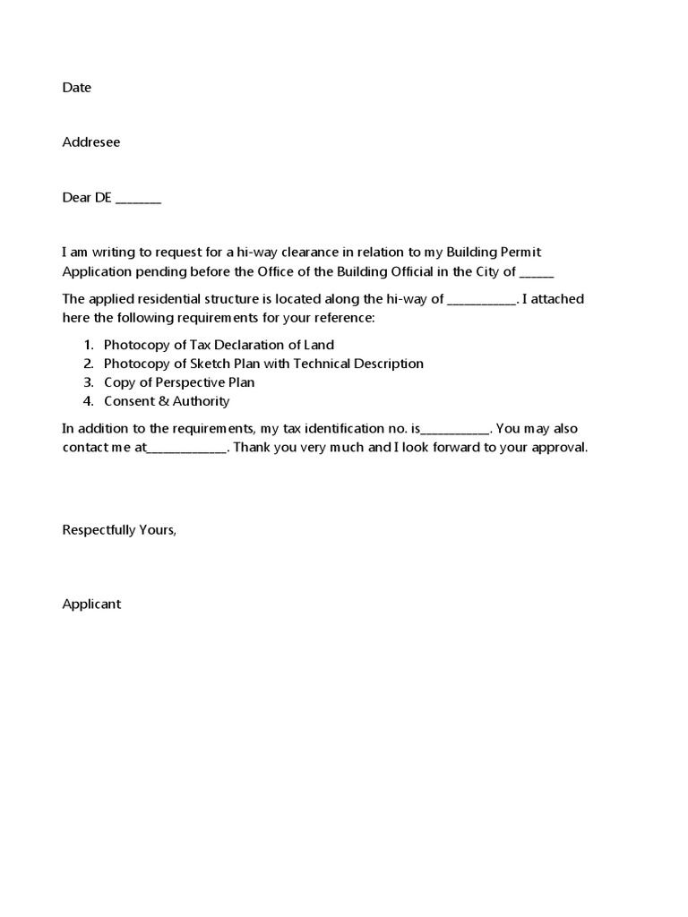 DPWH Hi Way Clearance-letter Format