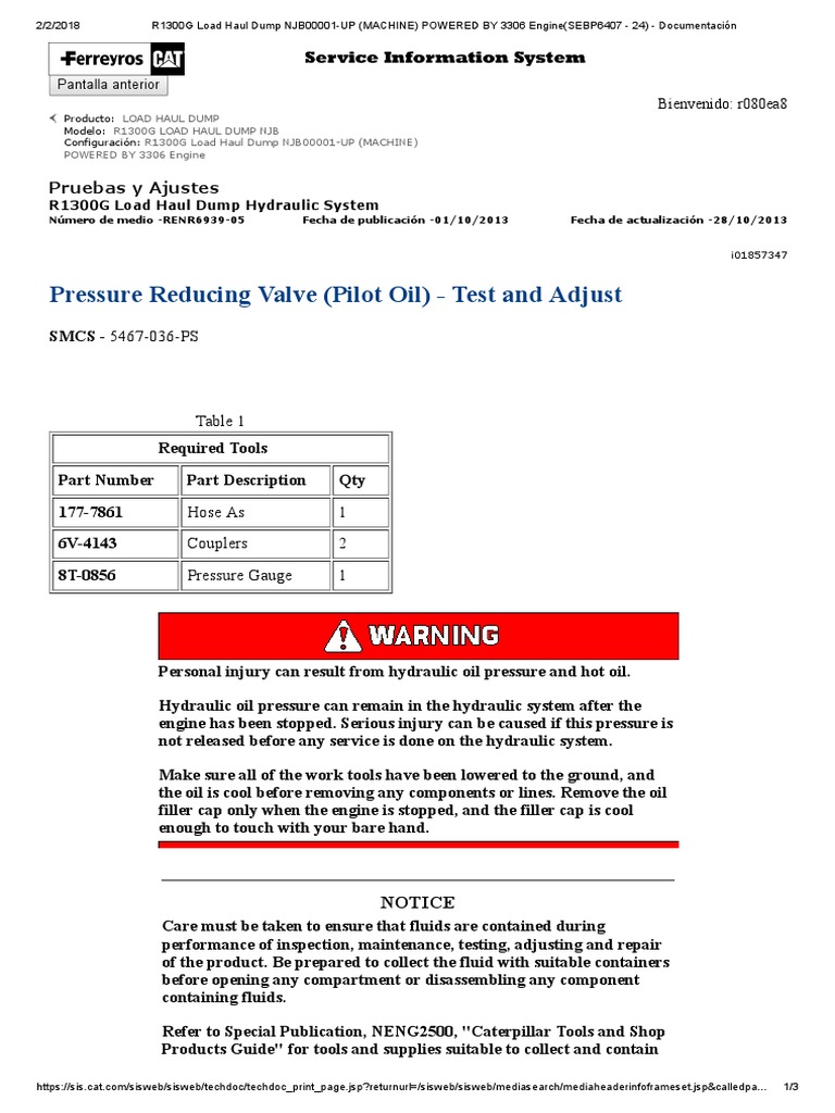Pressure Reducing Valve (Pilot Oil) - Test and Adjust | PDF | Pressure ...