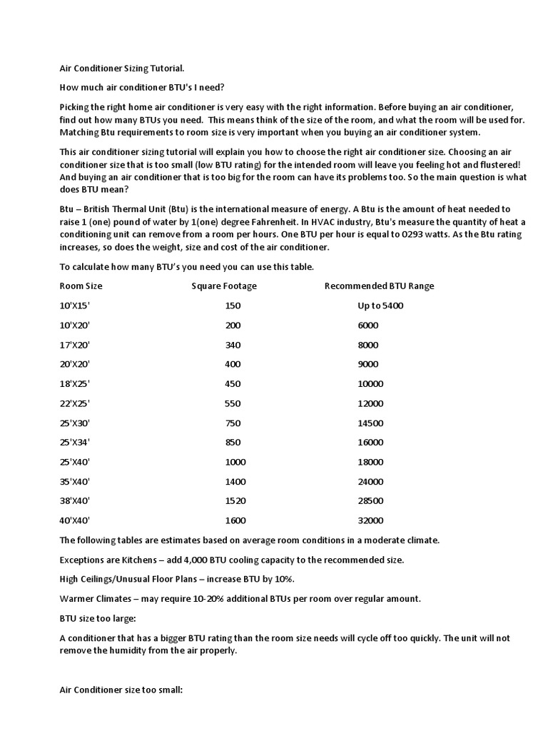 Air Conditioner Sizing Tutorial | PDF | British Thermal Unit | Air ... Air Conditioner Sizing Tutorial | PDF | British Thermal Unit | Air ...