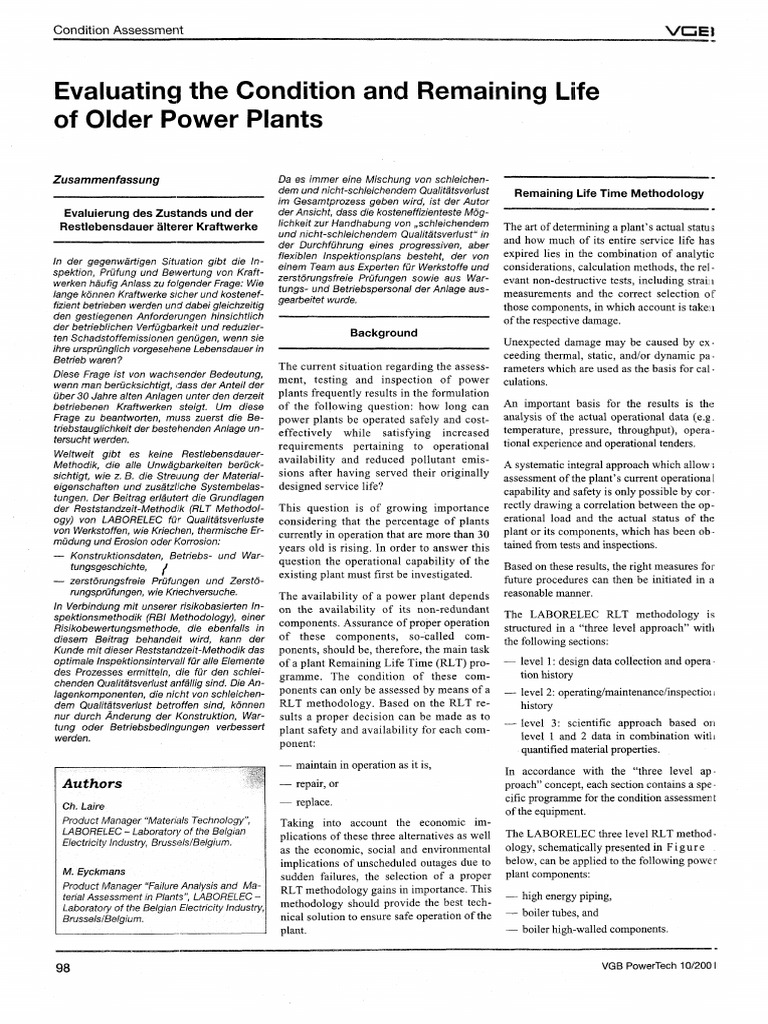 VGB PowerTech 10 2001 Evaluating The Condition and Remaining Life of ...
