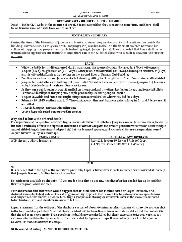 Determining the Order of Death: The Joaquin Navarro Case | PDF ...
