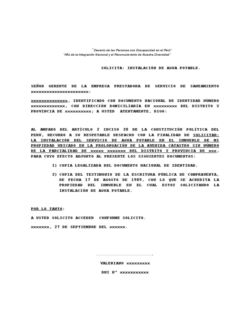 Modelo de Solicitud de Agua Potable | PDF