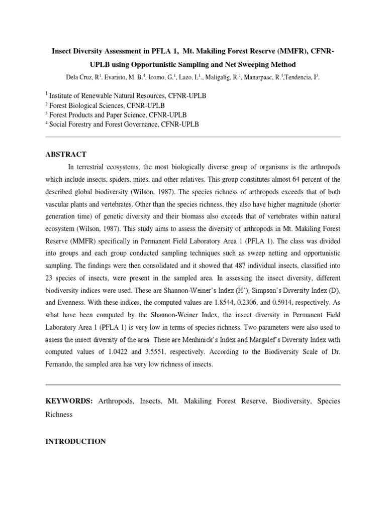 Insect Diversity Assessment in PFLA 1, Mt. Makiling Forest Reserve ...