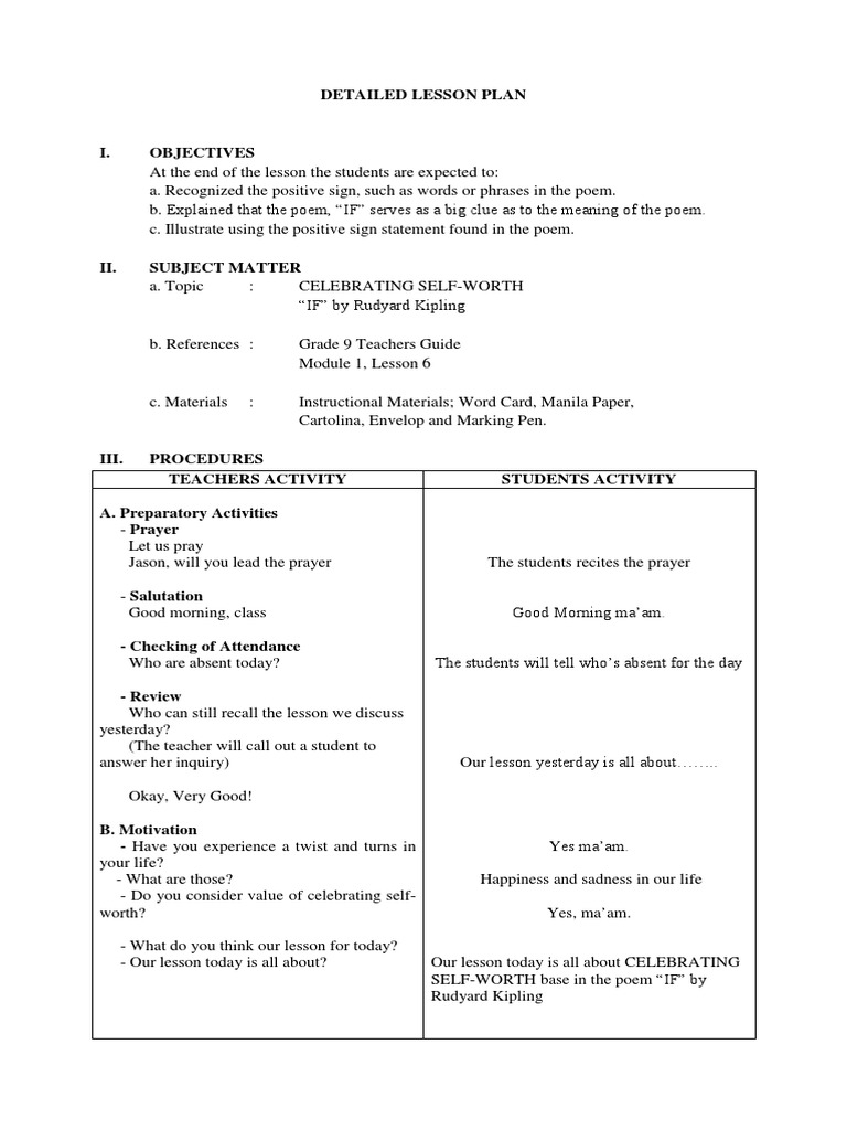 If by Rudyard Kipling Lesson Plan | PDF | Lesson Plan | Poetry